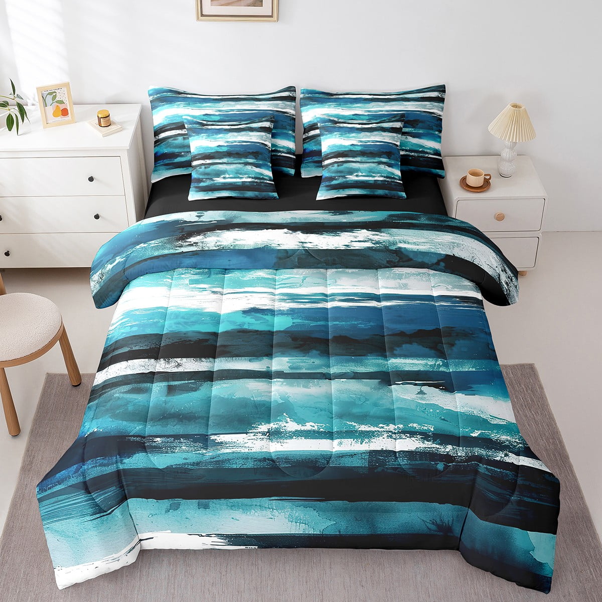 YST Blue Ombre Full Comforter Set 7-Piece Abstract Ocean Wave Bedding ...