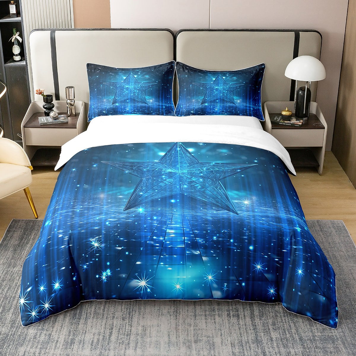 Erosebridal Blue Ombre Starry Sky 100% Cotton Duvet Cover Grid Light ...