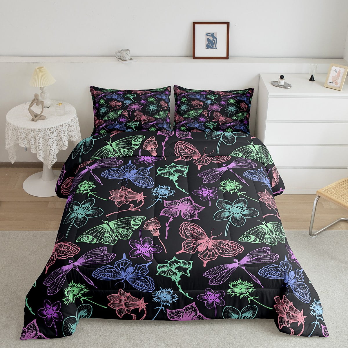 YST Blue Pink Butterfly Bedding Set Queen Chic Dragonfly Comforter Set ...