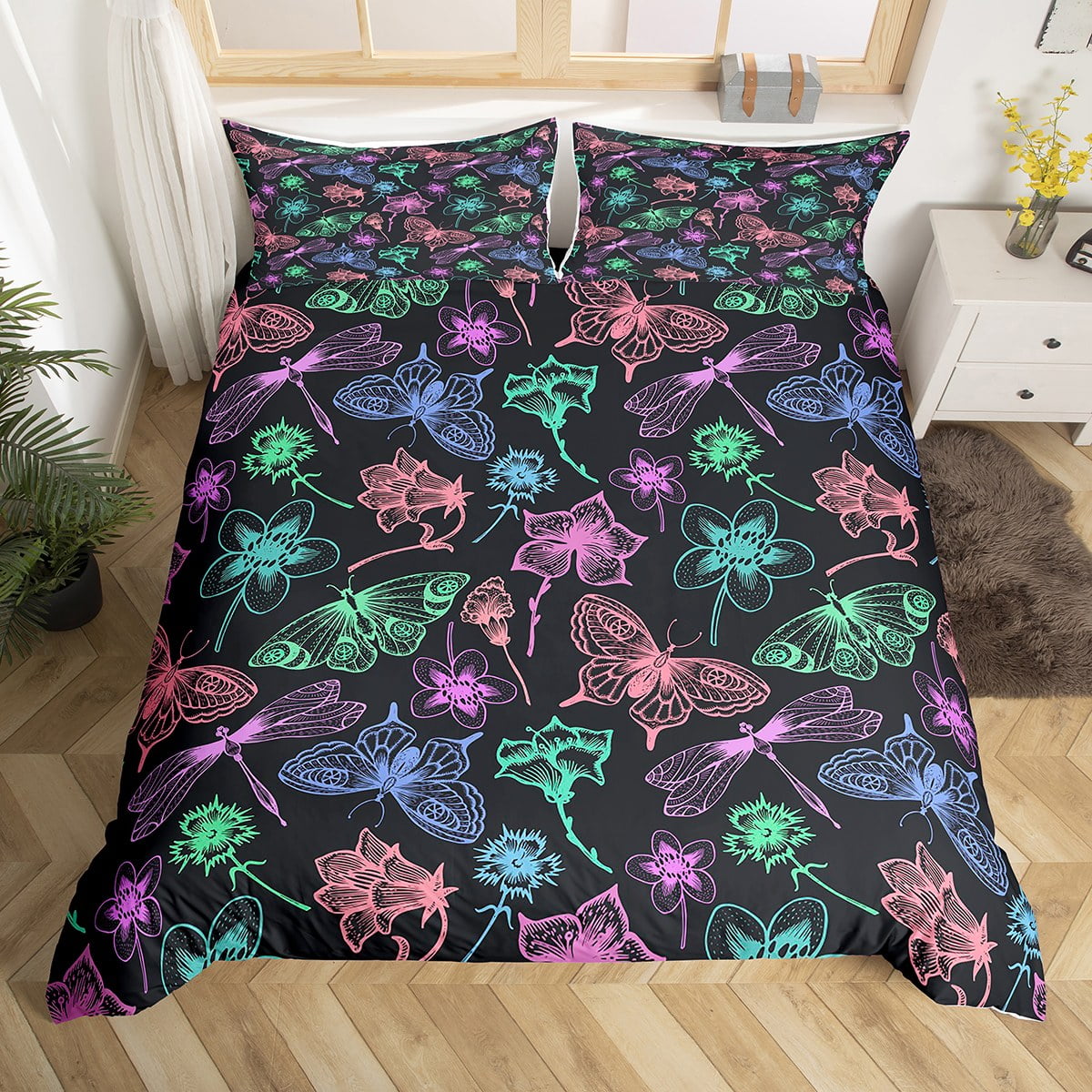 YST Blue Pink Butterfly Bedding Sets Queen Chic Dragonfly Comforter ...