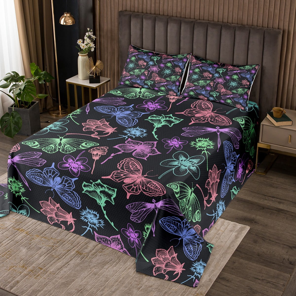YST Blue Pink Butterfly Twin Quilt Set Chic Dragonfly Coverlet Set ...