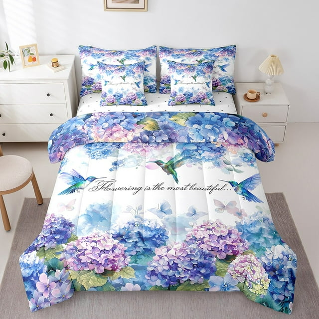 YST Blue Pink Hydrangea Bed in a Bag 7pcs Wild Hummingbird Bedding Set ...