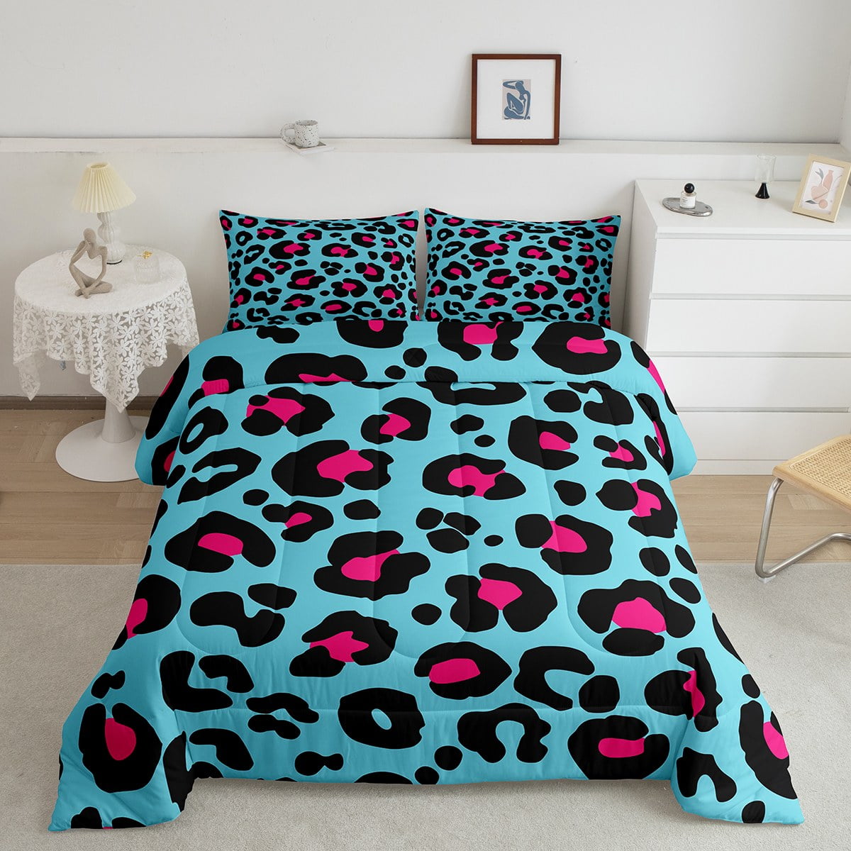 Yst Blue Pink Leopard Print Comforter Set King Cheetah Print Bedding