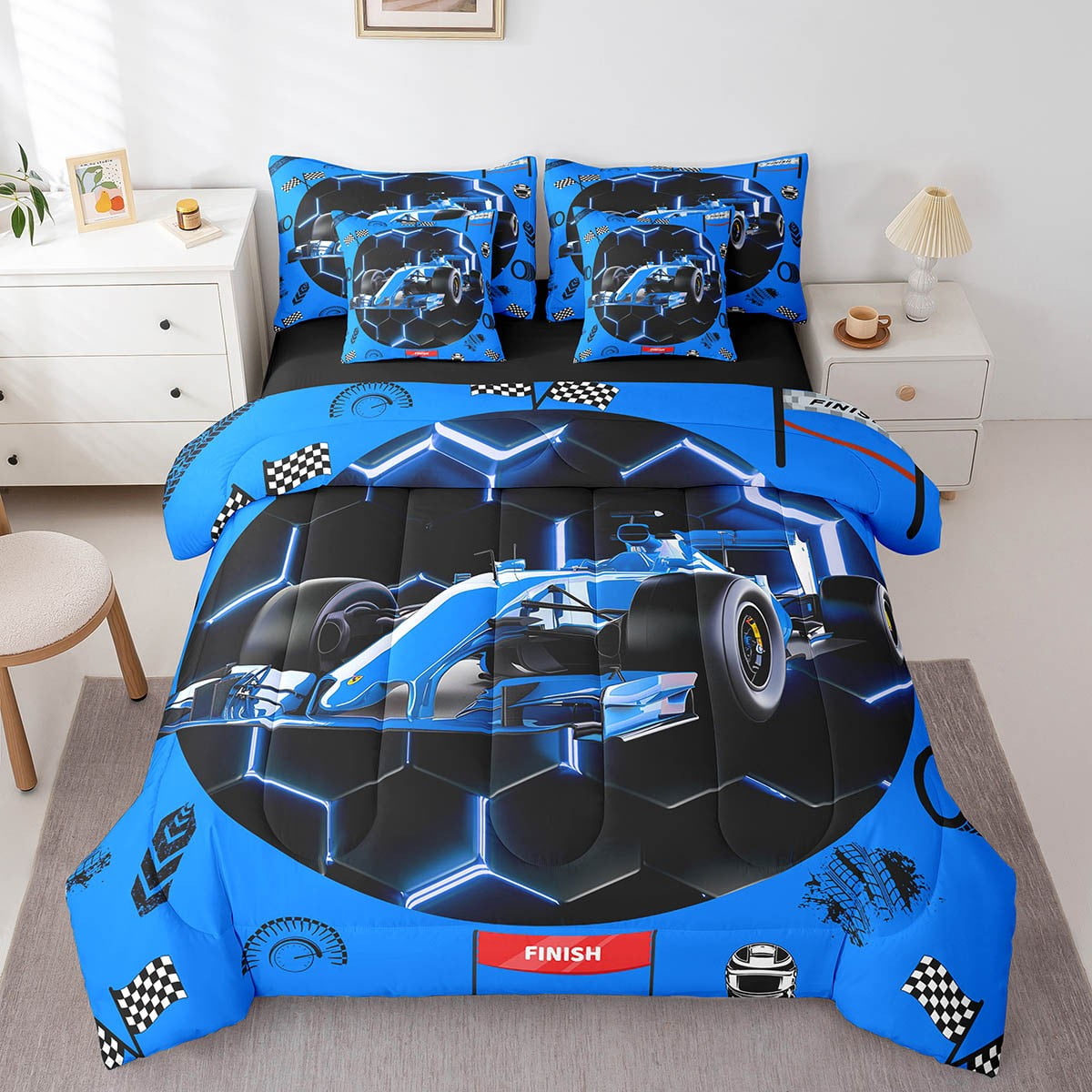 Blue Race Car 7 Piece Comforter Set Twin Neon Honeycomb Racing Car ...