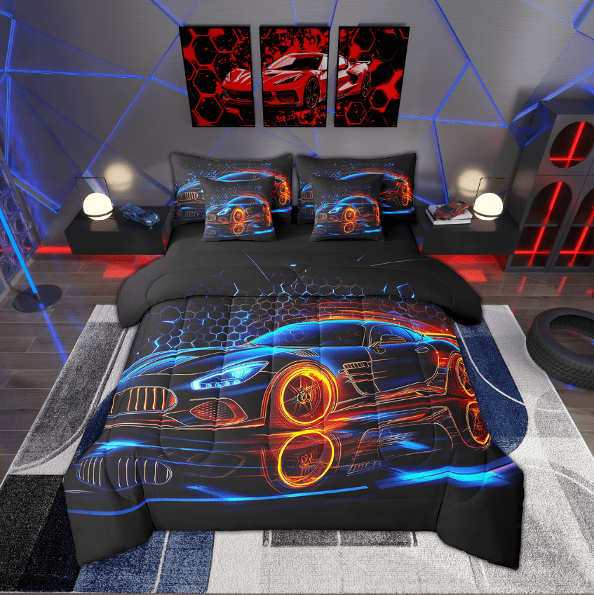 Erosebridal Blue Race Car Comforter Set With Sheets Twin Neon Geometric ...