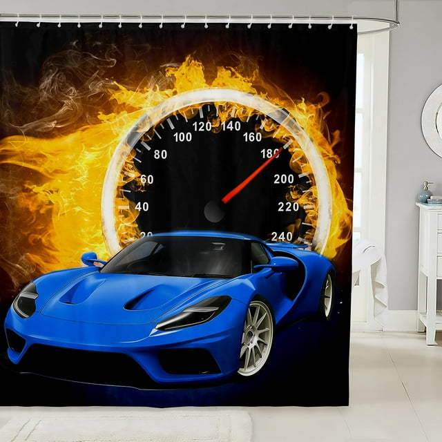 YST Blue Race Car Shower Curtain Set,Cool Sports Car Bathroom Curtains ...
