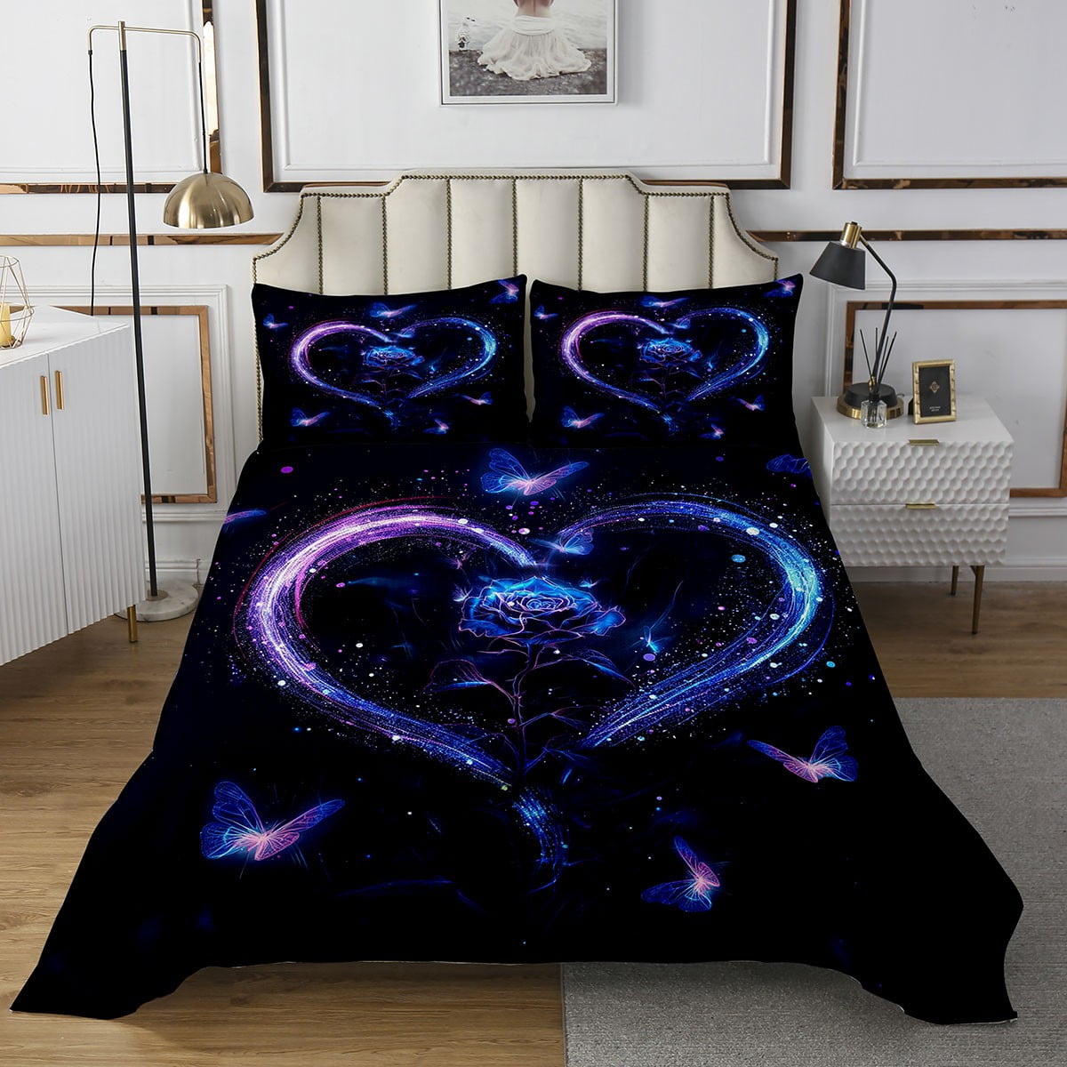 YST Blue Rose Floral King Quilt Set,Purple Blue Love Heart Bedding Set ...