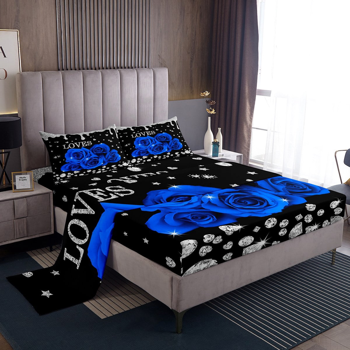YST Blue Rose Flower Gifts For Women,Black Royal Blue Roses Bed Sheets ...