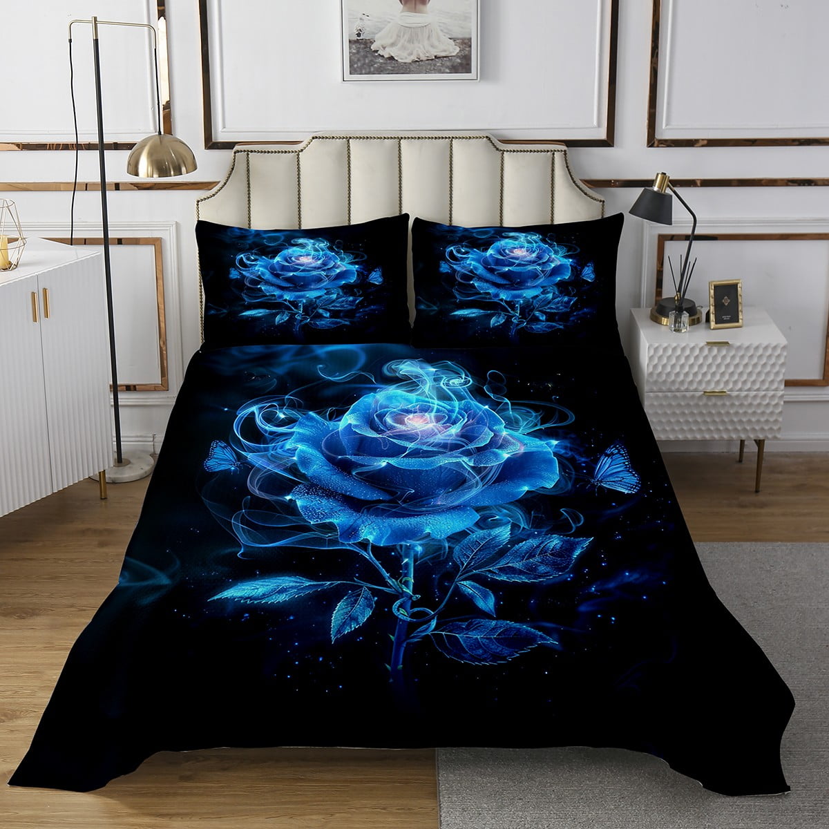 YST Blue Rose Twin Quilt Set,Black and Blue Floral Bedding Set for Kids ...