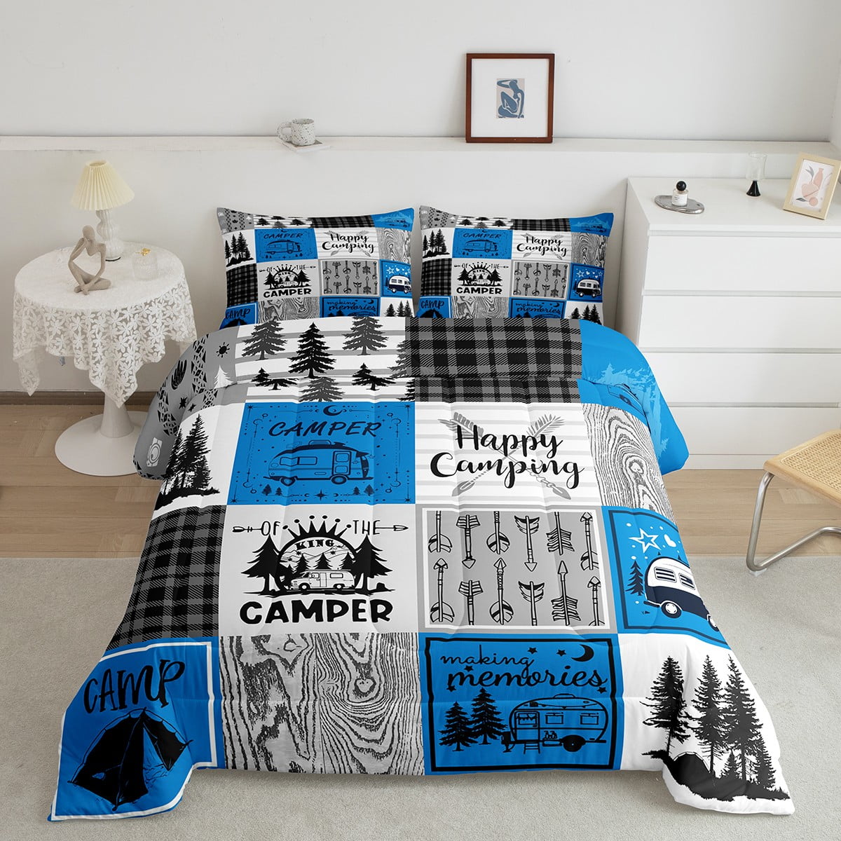 YST Blue Rv Bedding Set Queen Rustic Camper Decor Comforter Set Camping ...