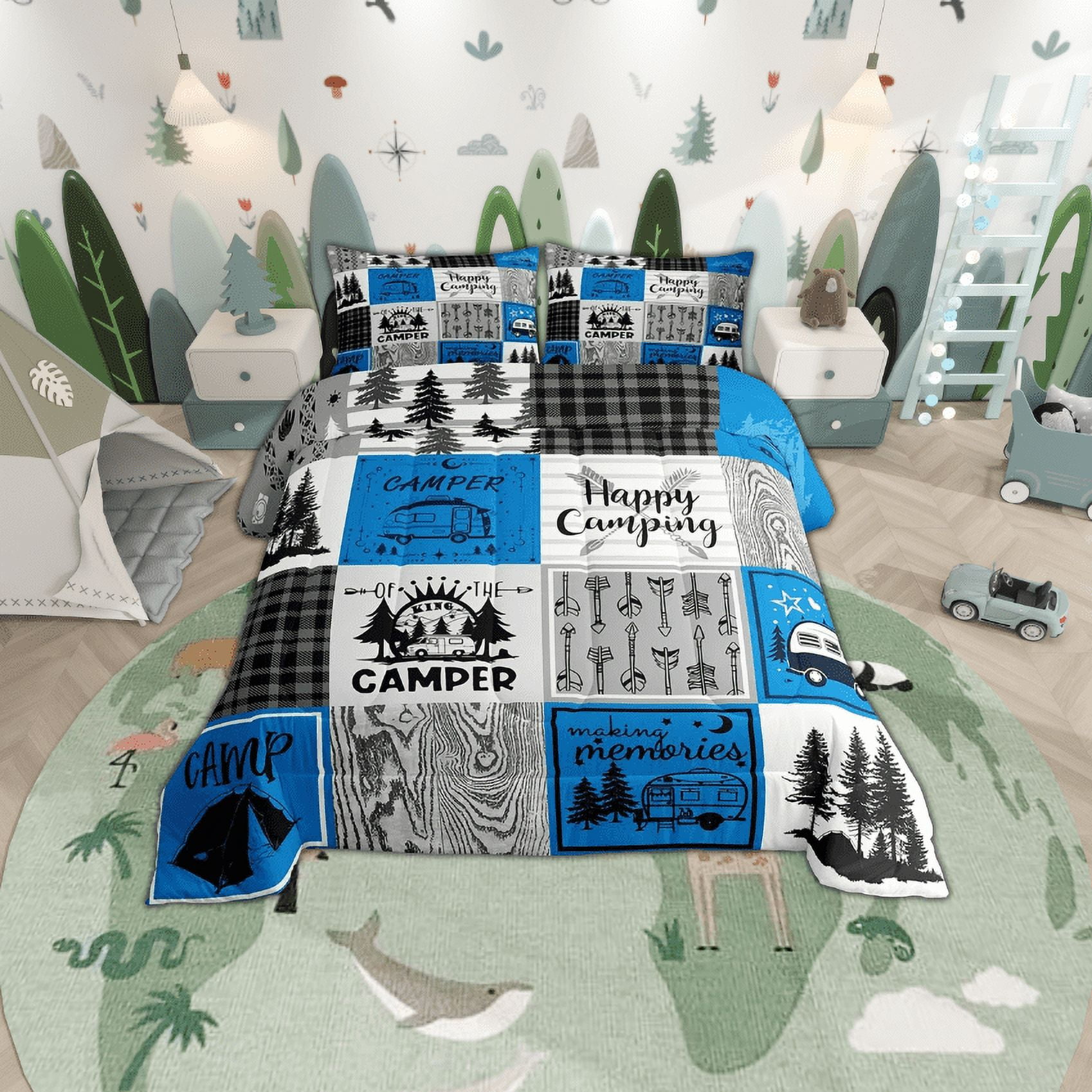 Blue Rv Bedding Set Queen Rustic Camper Decor Comforter Set Camping ...