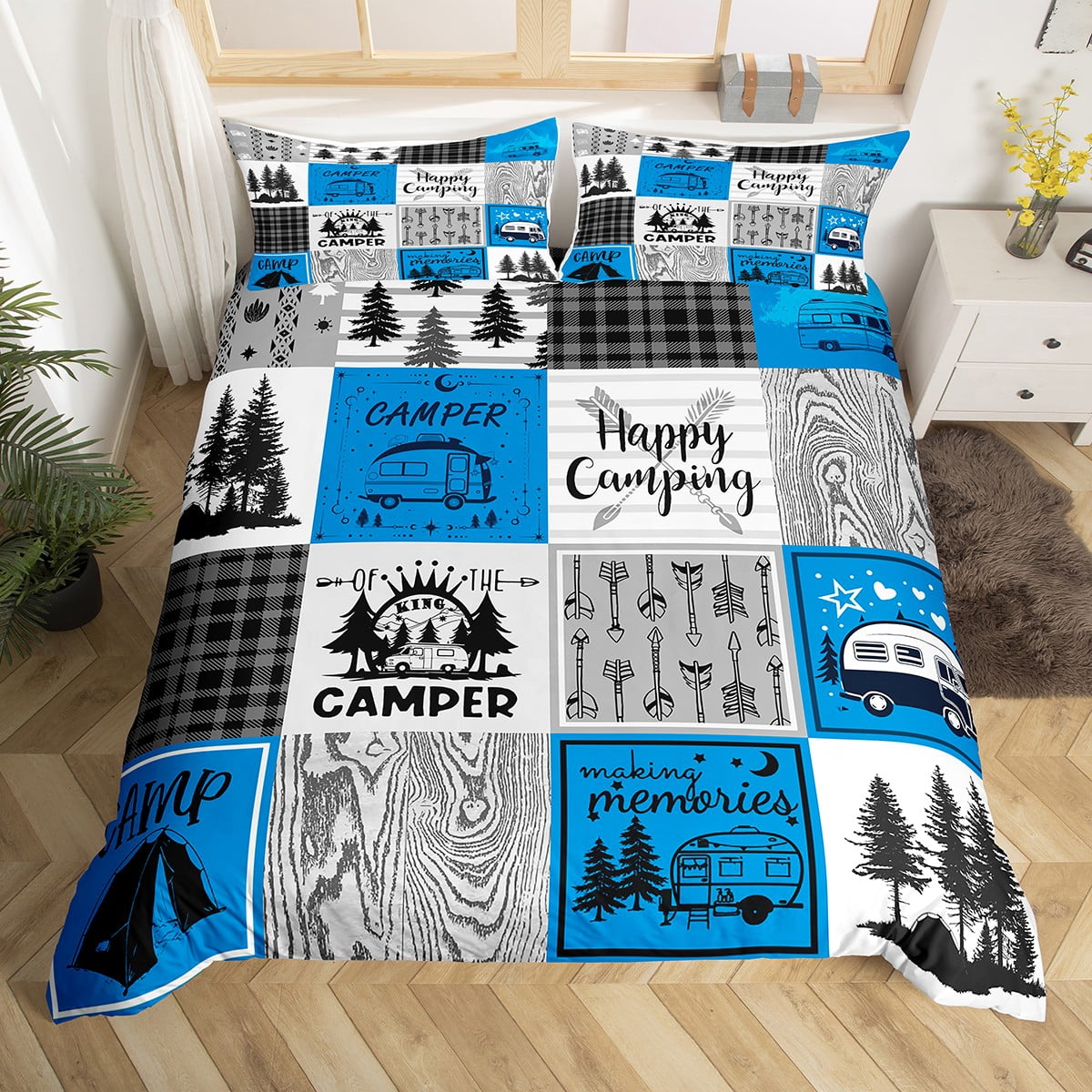 Blue Rv Bedding Set Twin Rustic Camper Decor Comforter Cover Camping ...