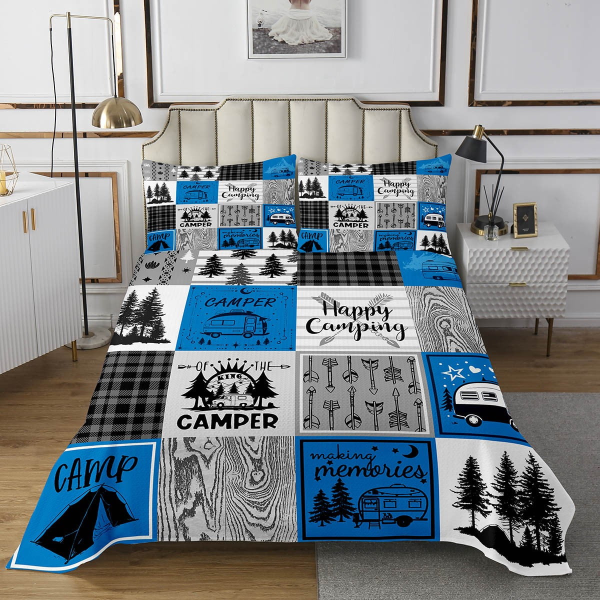 YST Blue Rv Quilt Set Queen Rustic Camper Decor Bedspread Set Camping Bunk Accessories For ...
