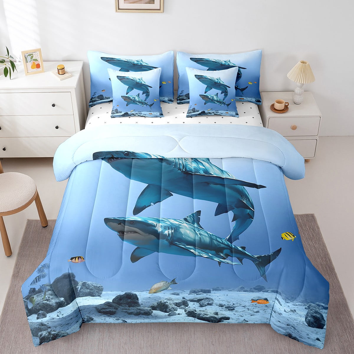 YST Blue Sea Shark Comforter Set Full Size 7 Piece Ocean Marine Animal ...
