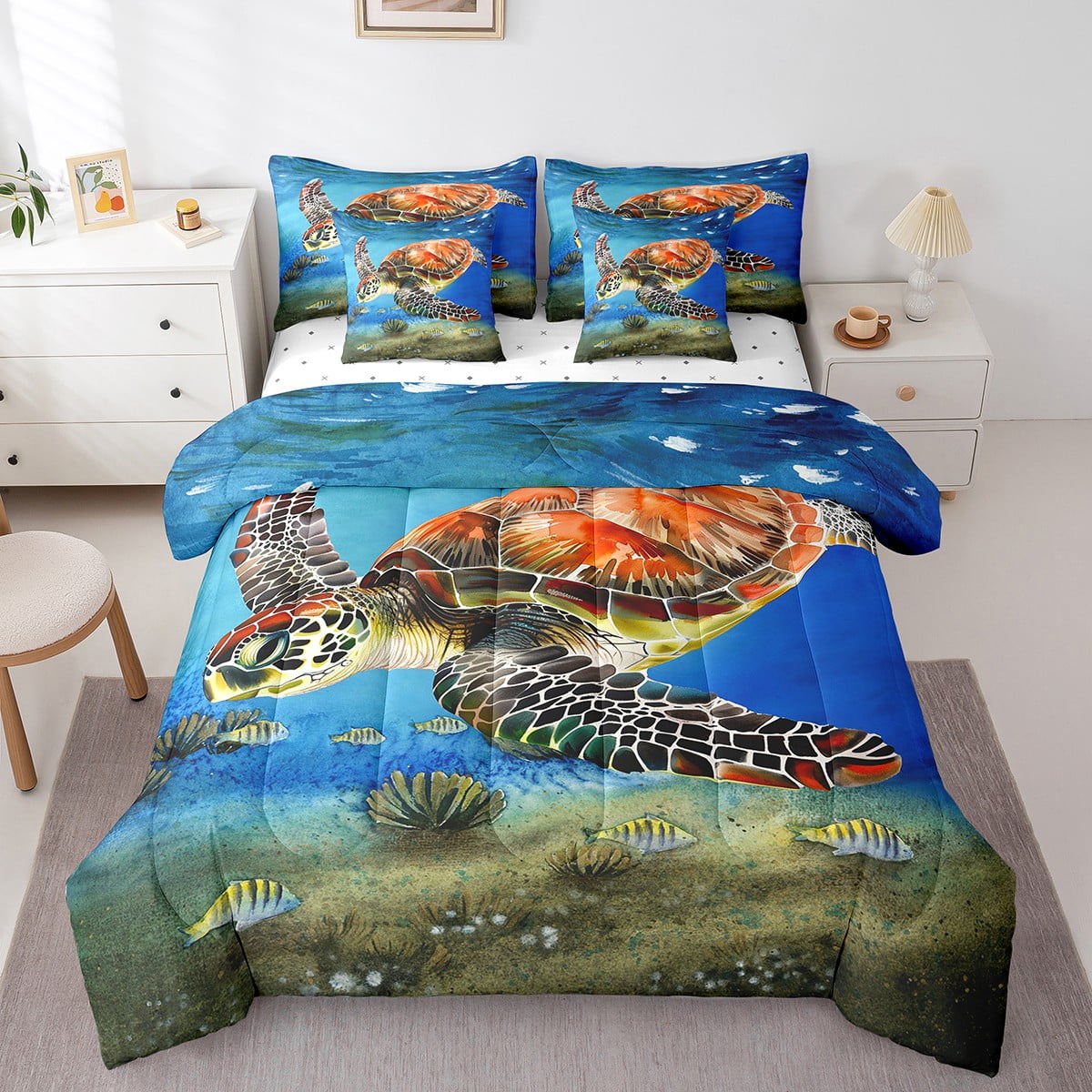 YST Blue Sea Turtle Comforter Set Full Size 7 Piece Ocean Life Animal ...