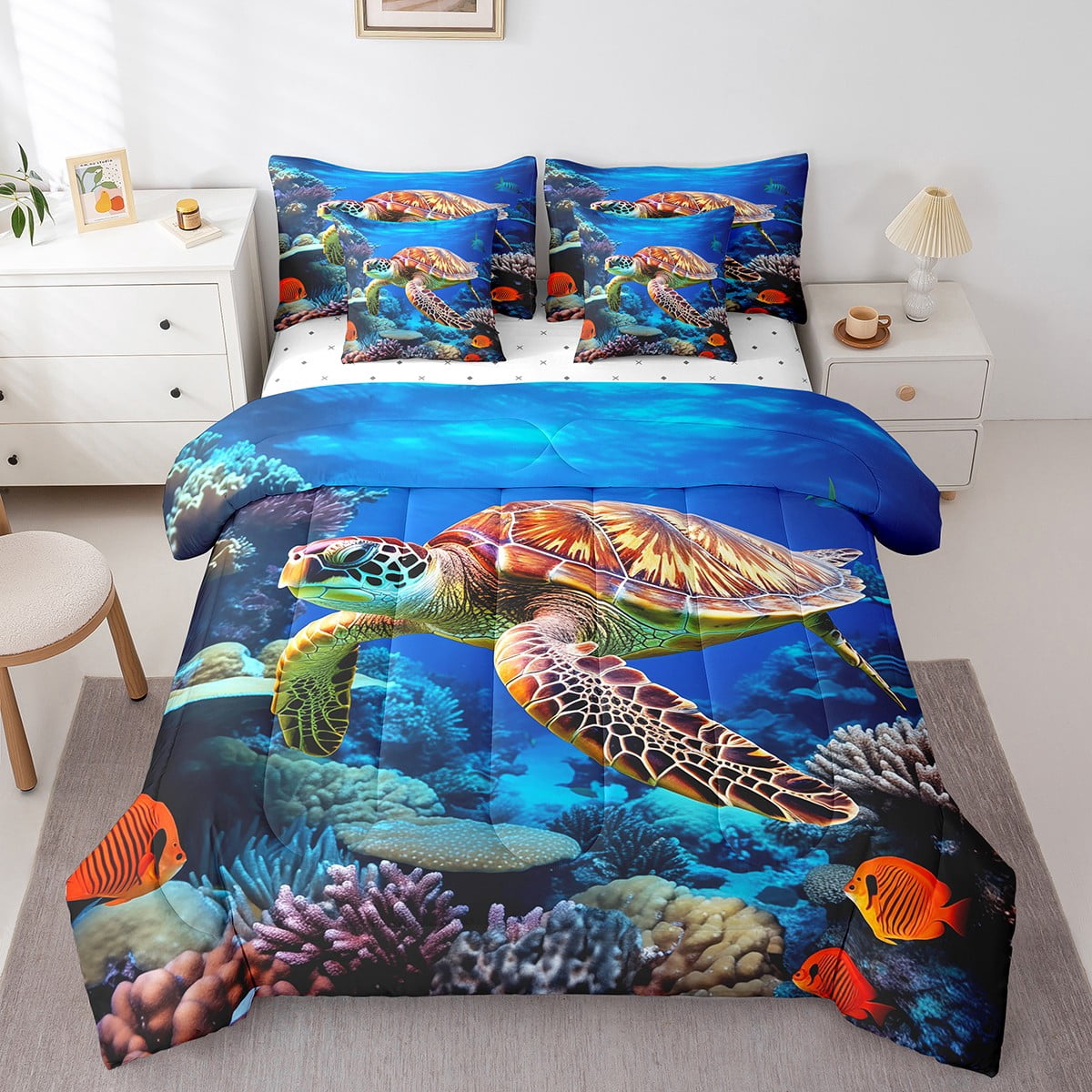YST Blue Sea Turtle Comforter Set Queen 7Pc Ocean Animal Marine Bed in ...