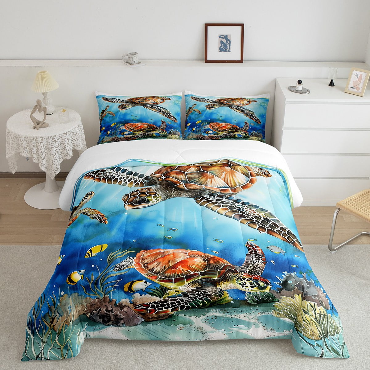 YST Blue Sea Turtle Comforter Set Queen for Kids Boys Girls,Marine Life ...