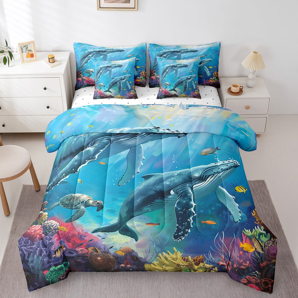 Blue Sea Whale Comforter Set Twin 7 Piece Ocean Marine Life Animal Bed ...
