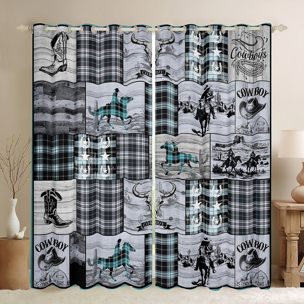 Blue Western Curtains Bedroom 42"Wx63"L Cowboy Horse Curtains & Drapes ...