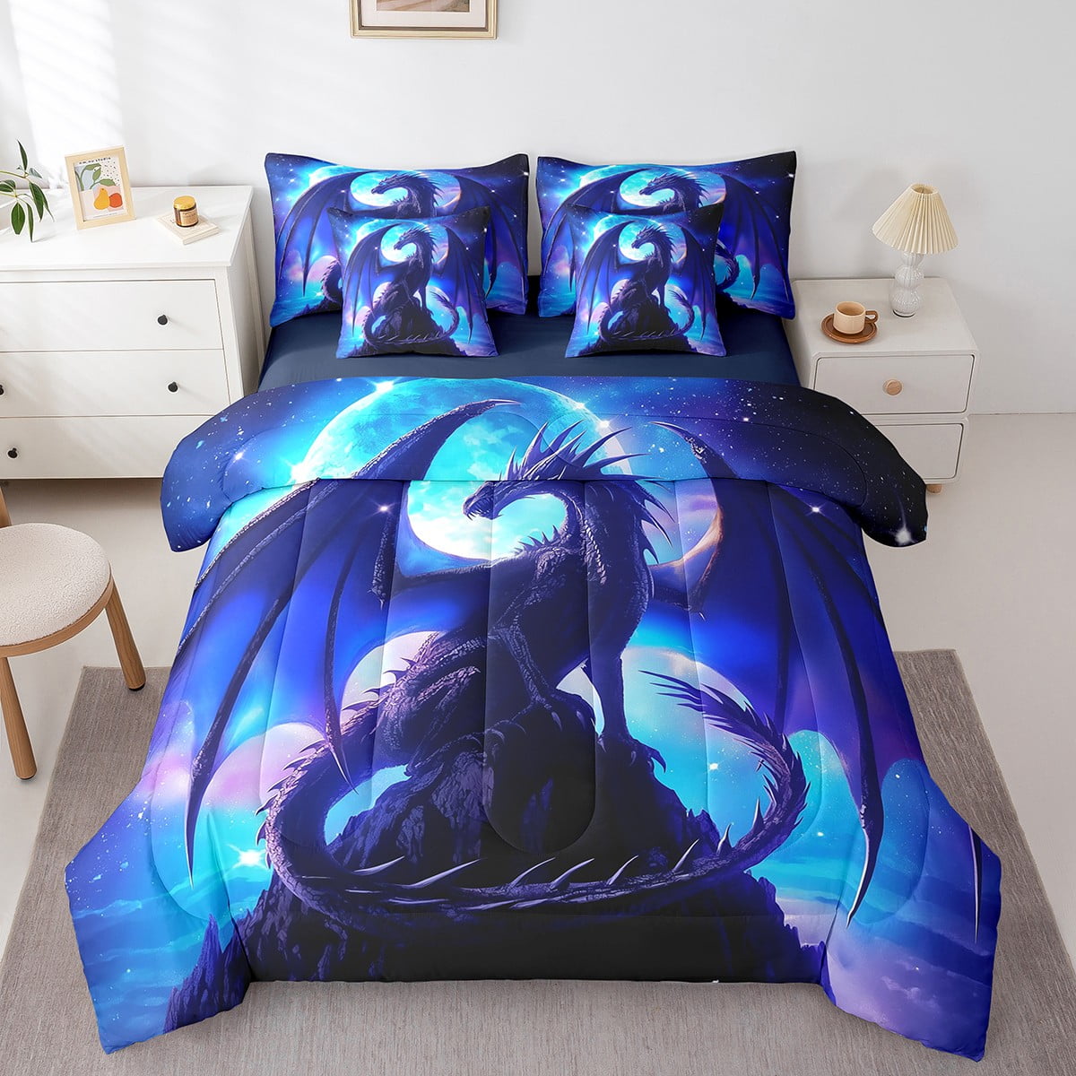 Blue Western Dragon Bed In A Bag Queen,Moon Dragon Bedding Set For Teen ...