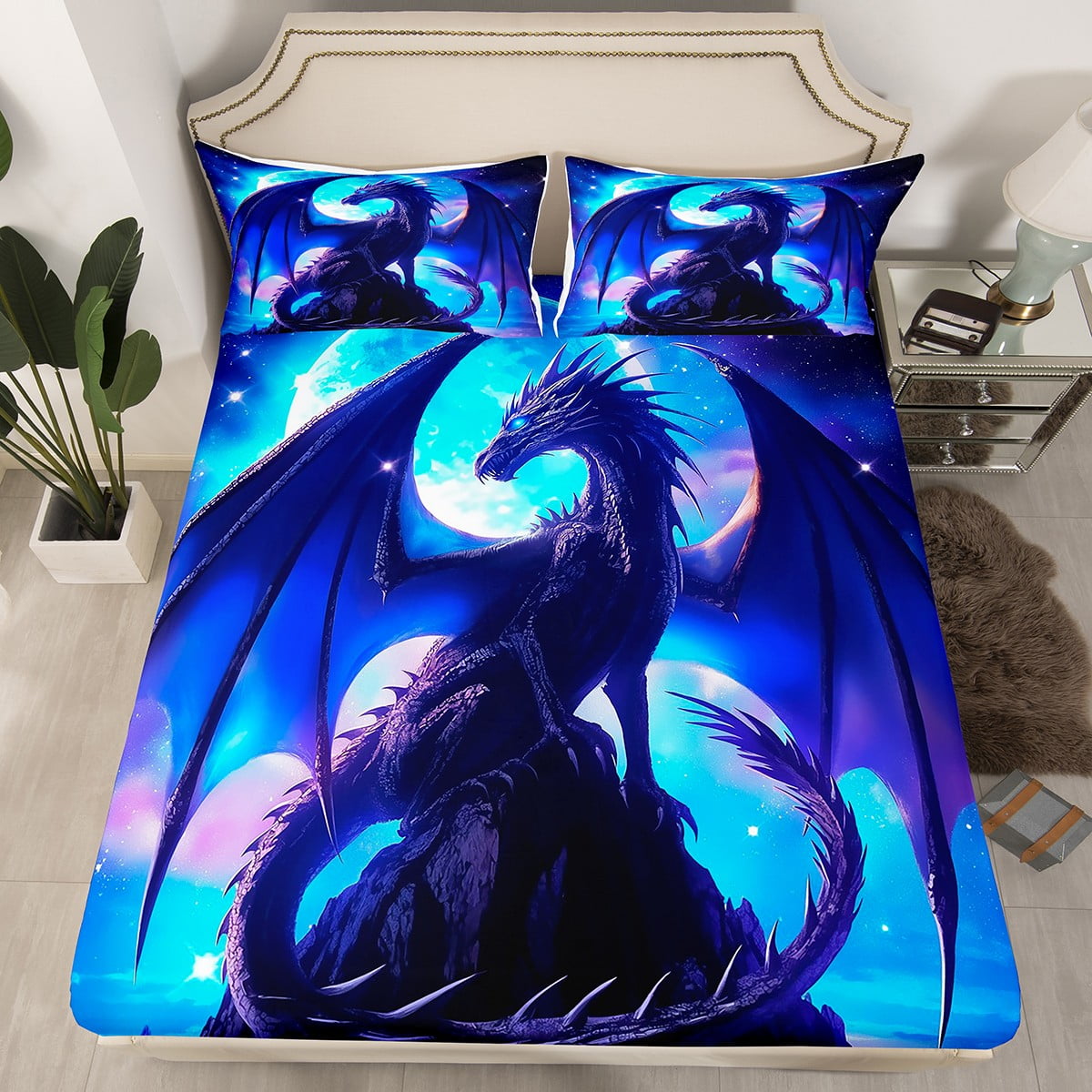 YST Blue Western Dragon Bedding Sheets Twin,Moon Dragon Kids Bed Sheets ...