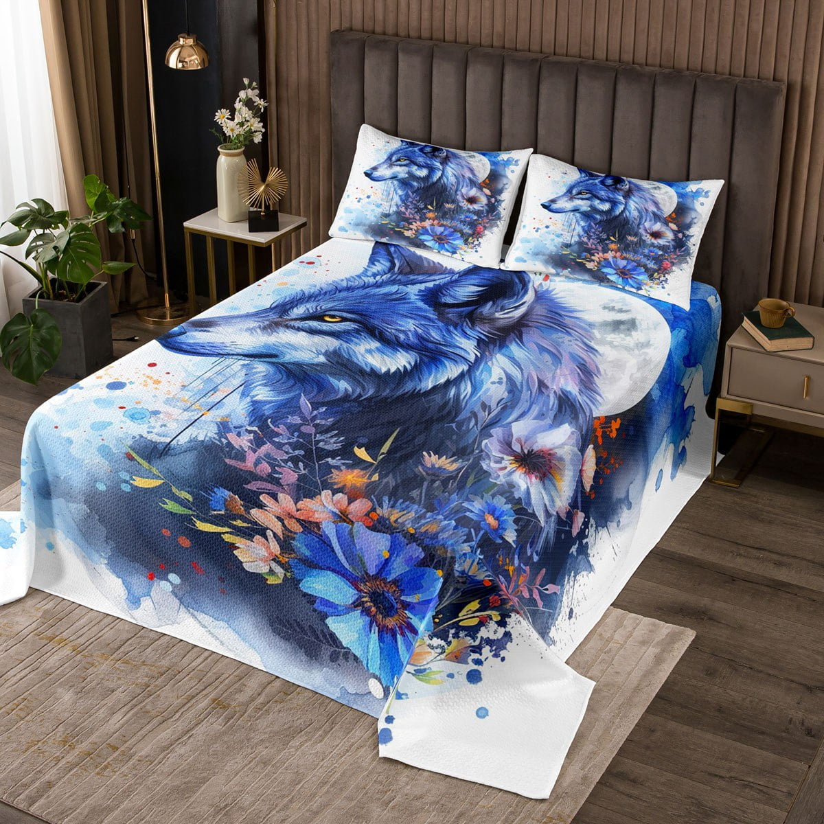 Blue Wolf Bedspread King Size,Colorful Floral Wolf Quilt Set Adults ...