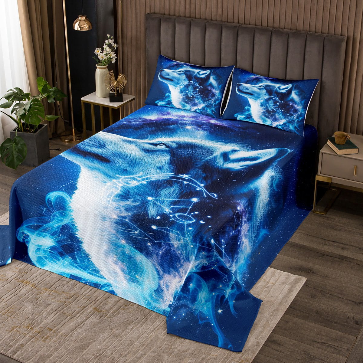 Erosebridal Blue Wolf Bedspread Twin Adults,Galaxy Constellation Quilt ...