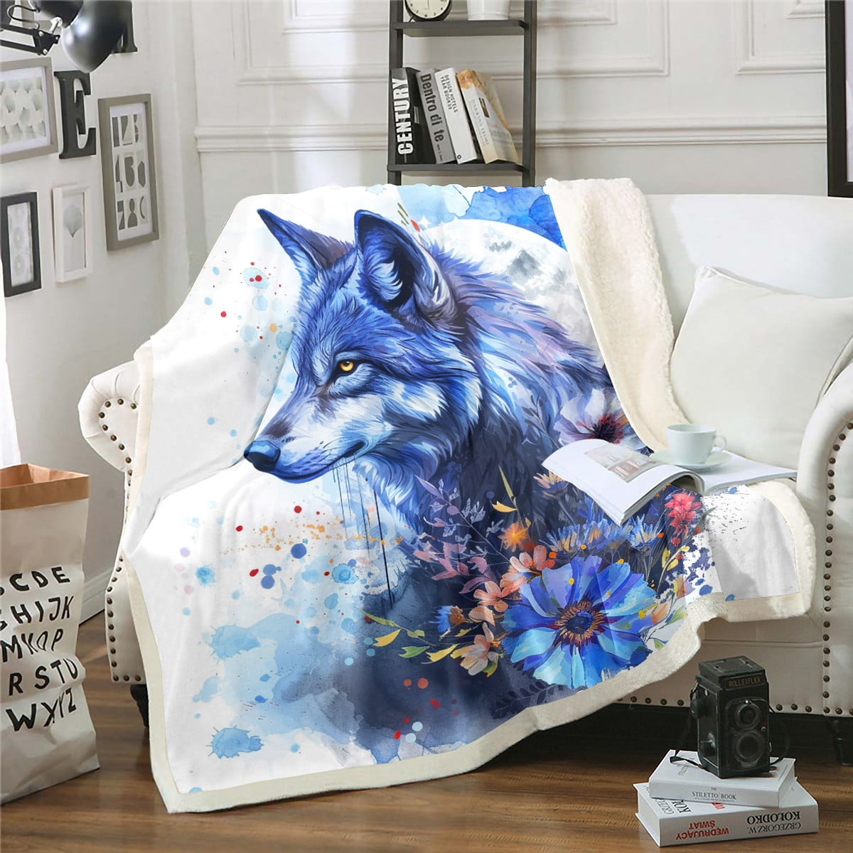 YST Blue Wolf Blanket for Bedroom,Colorful Floral Wolf Throw Blanket ...