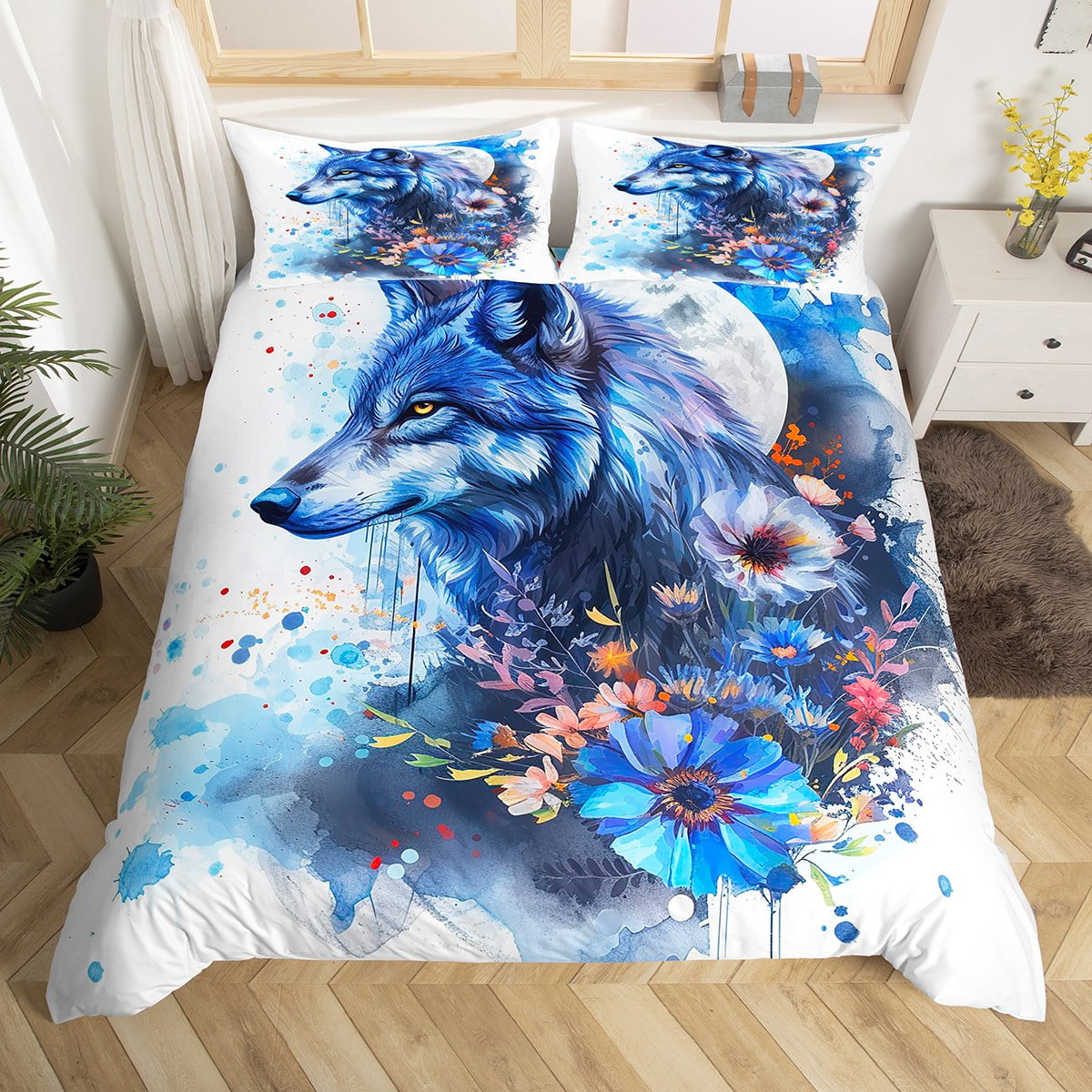 YST Blue Wolf Duvet Cover Full Size,Colorful Flowers Wolf Bedding Set ...
