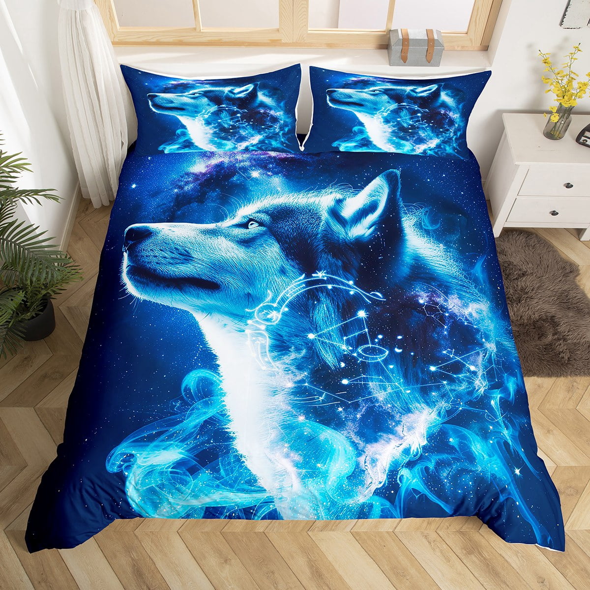 Blue Wolf Duvet Cover Twin Adults,Galaxy Constellation Bedding Set ...