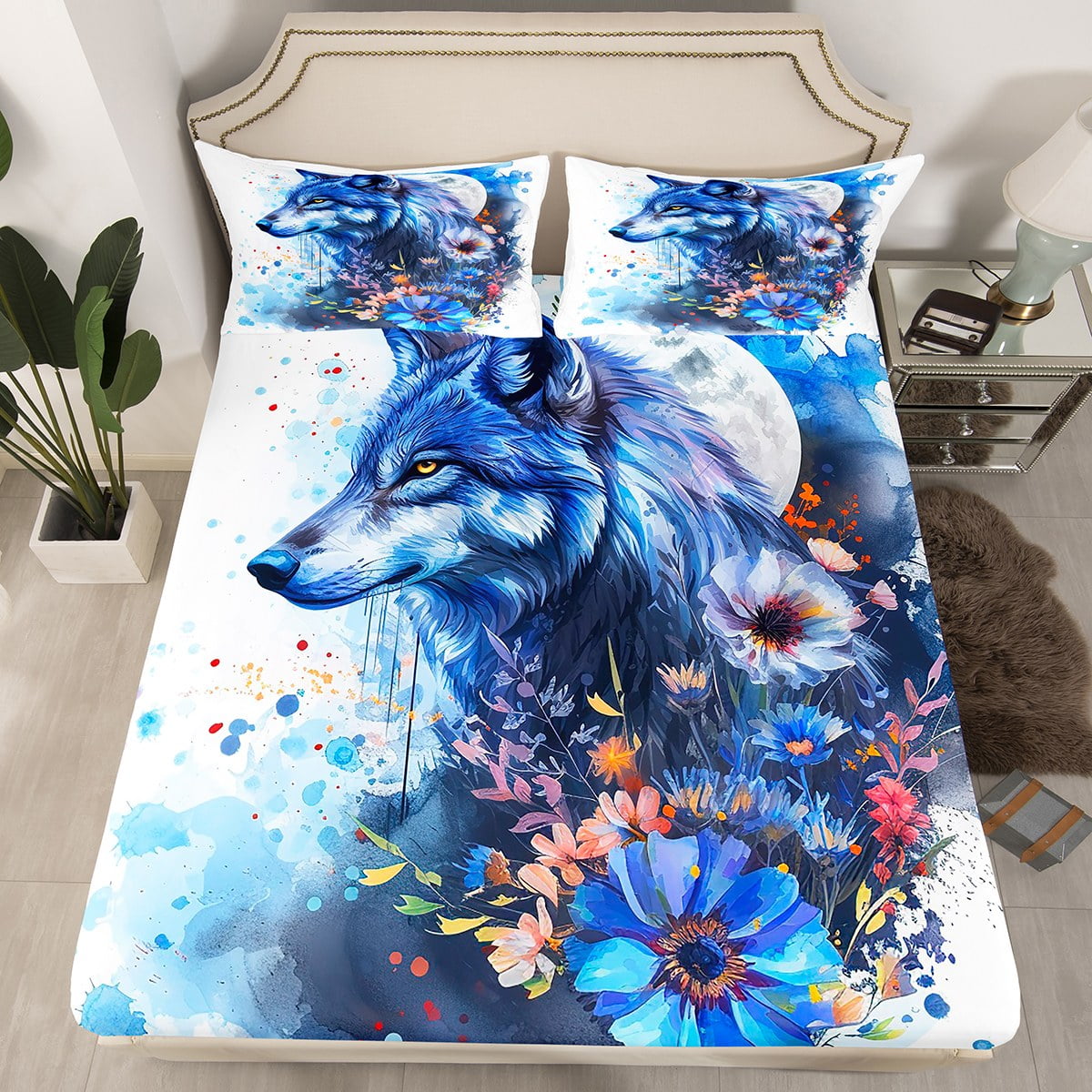 YST Blue Wolf Fitted Sheet Full Size,Colorful Flowers Wolf Bedding Set ...