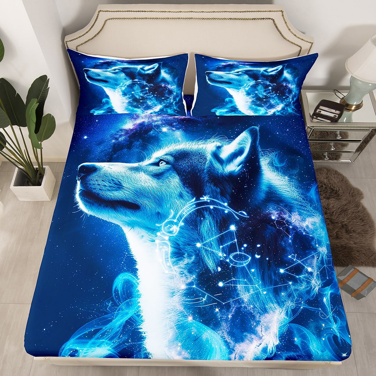 Erosebridal Blue Wolf Fitted Sheet Twin Adults,Galaxy Constellation ...