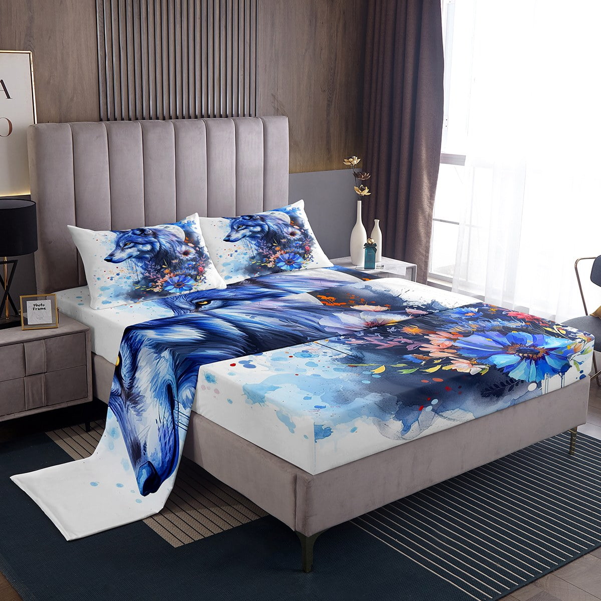 Blue Wolf Sheets Twin Size,Colorful Flower Wolf Sheet Set Adults,Safari ...