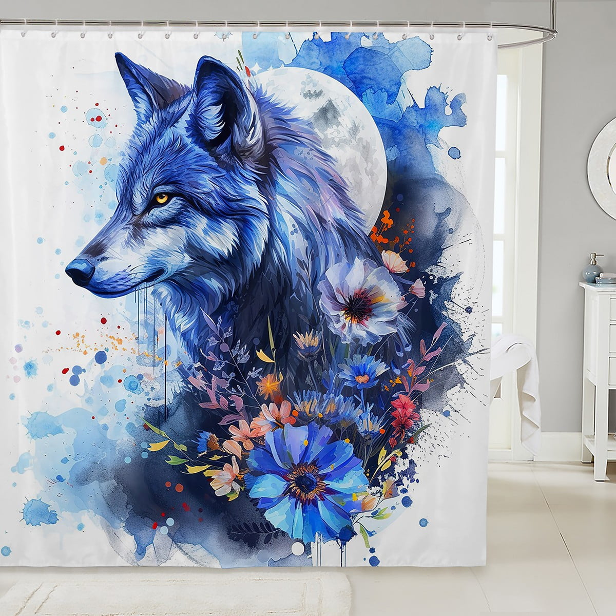 Blue Wolf Shower Curtain Set,Colorful Flower Wolf Bathroom Accessories ...