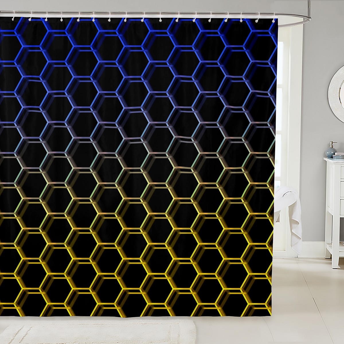 YST Blue Yellow Beehive Shower Curtain 78.00"x72.00",Geometry Honeycomb Bathroom Shower Curtain ...