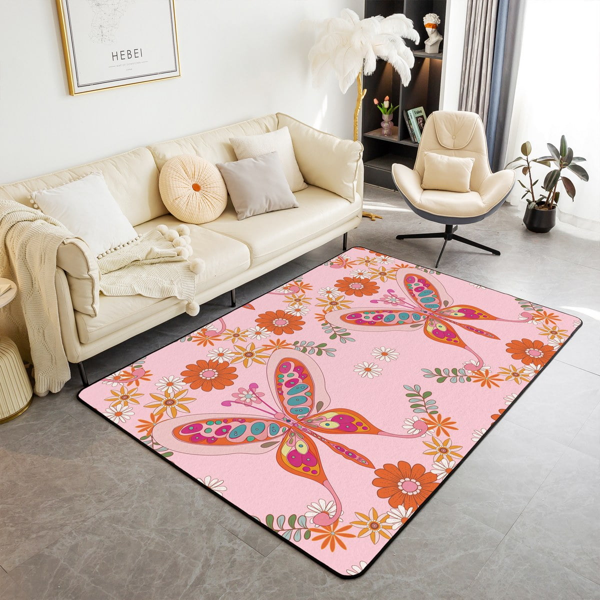 Erosebridal Bohemia Butterfly Area Rug for Youth,Pink Groovy Flower Rug ...