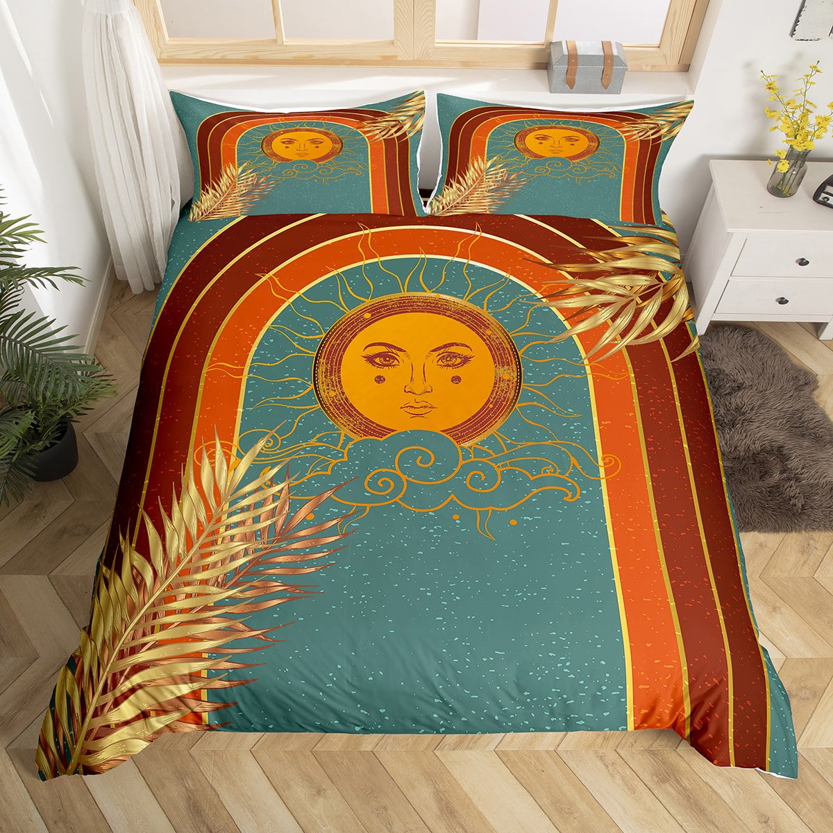 Erosebridal Bohemia Sun Duvet Cover Twin,Golden Leaves Bedding Set for ...