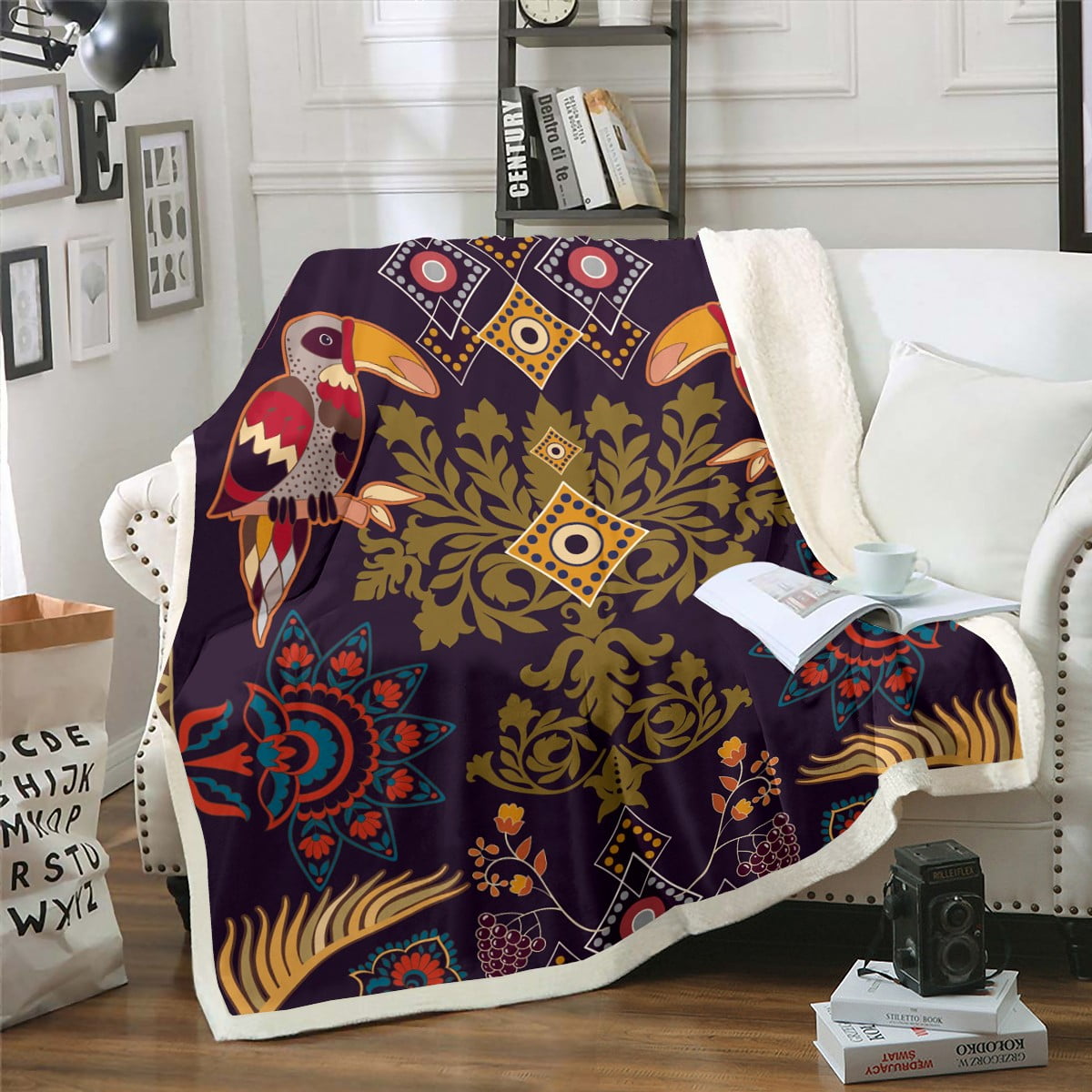 Bohemia Vintage Style Fleece Blanket,Colorful Birds Sherpa Blanket ...