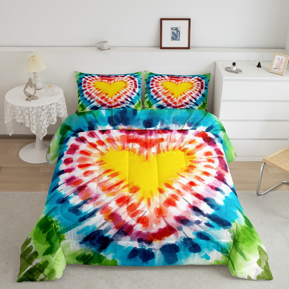 YST Bohemian Bedding Set Queen Rainbow Tie Dye Comforter Set, Love ...