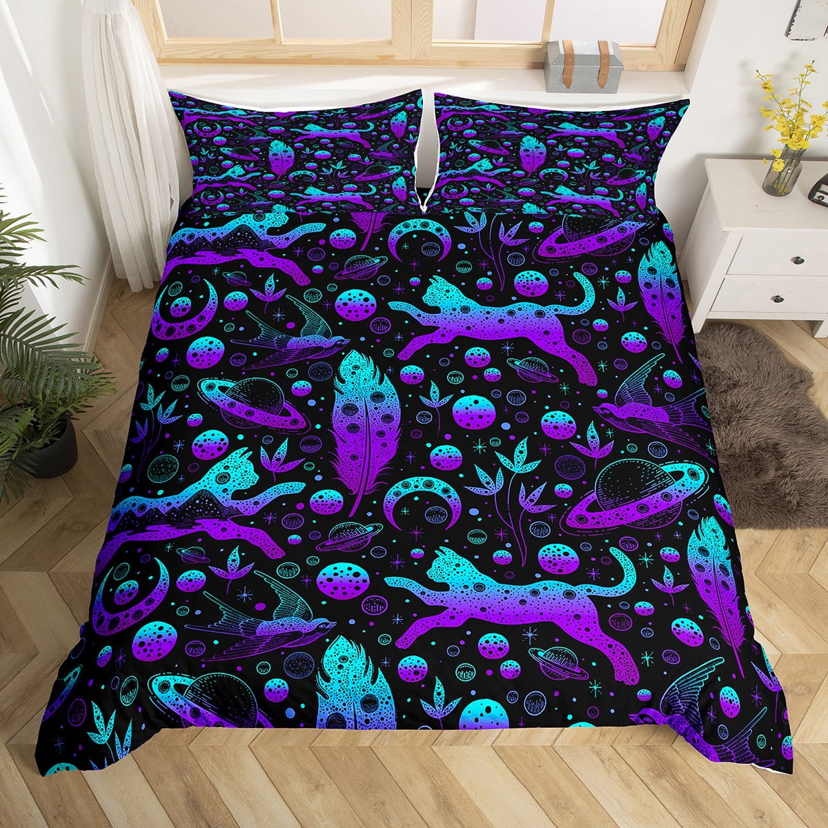 YST Bohemian Cat Duvet Cover, Teal Cartoon Cat Bedding Queen for Kids ...