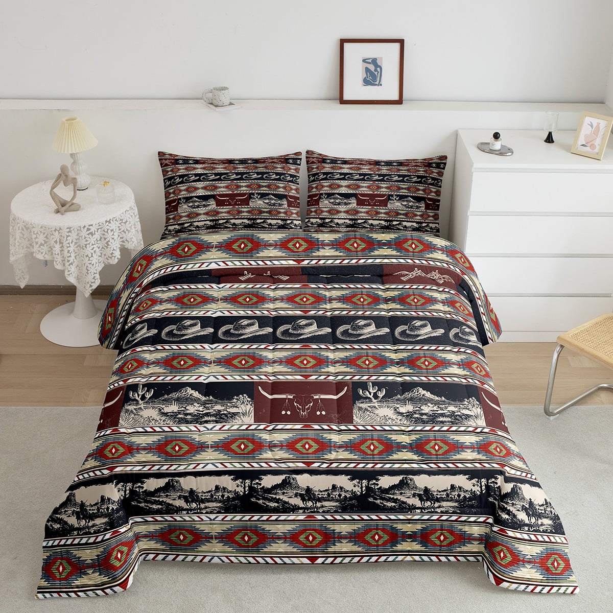 Bohemian Comforter Set Adults Aztec Boho Bedding Cowboy Hat Exotic ...