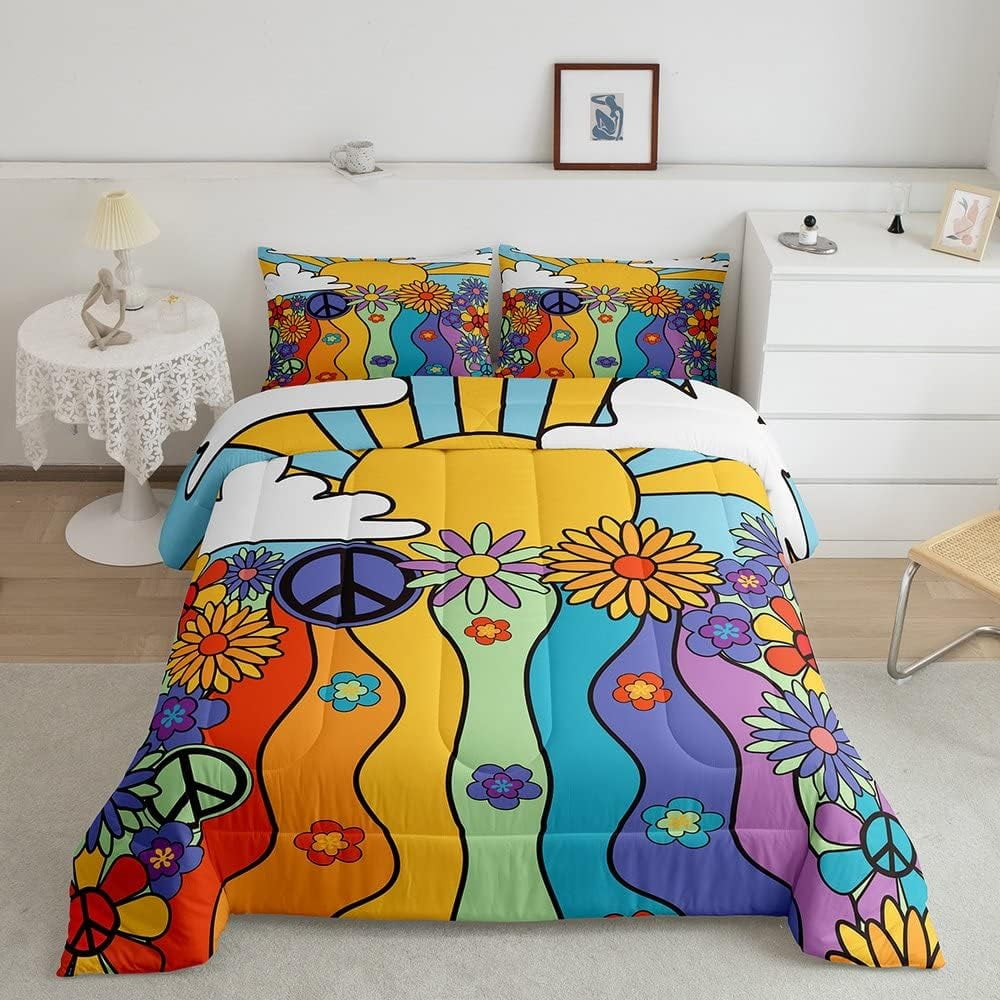 Bohemian Duvet Insert Sun Moon Peace Sign Comforter Set,60s 70s Groovy ...