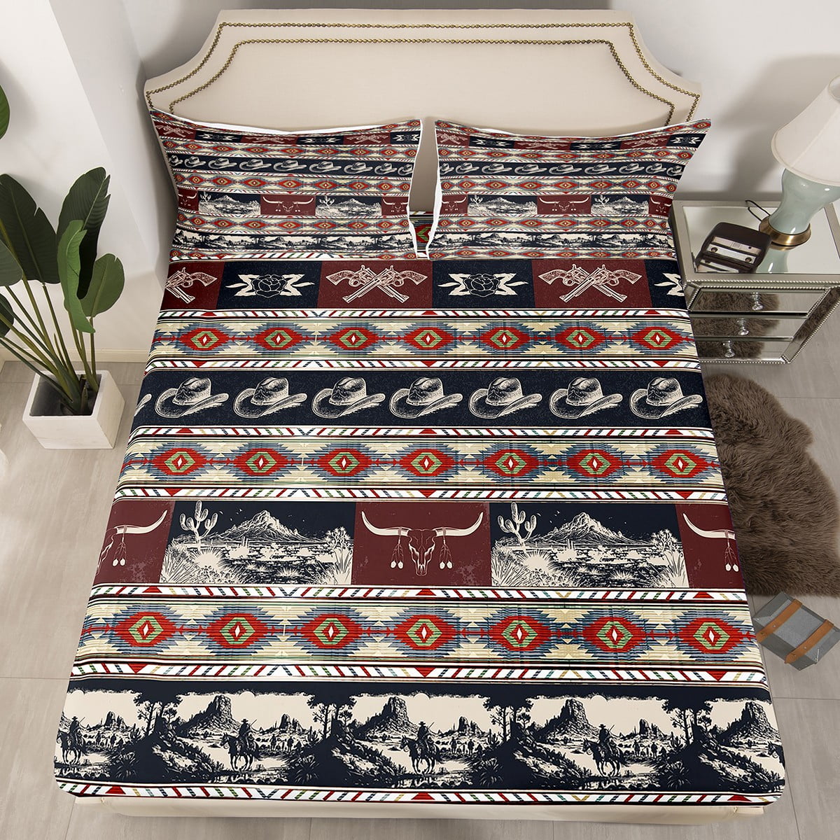 Bohemian Fitted Sheet Adults Aztec Boho Bedding Set Cowboy Hat Exotic ...