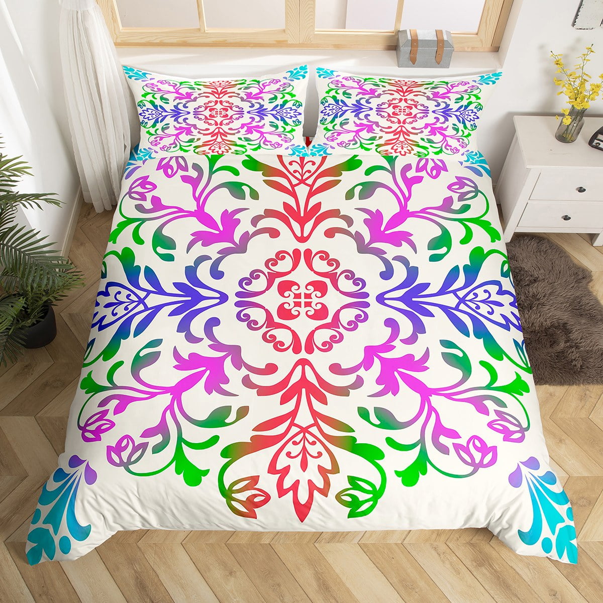 YST Bohemian Floral Duvet Cover Full,Boho Bedding Set,Ombre Exotic ...
