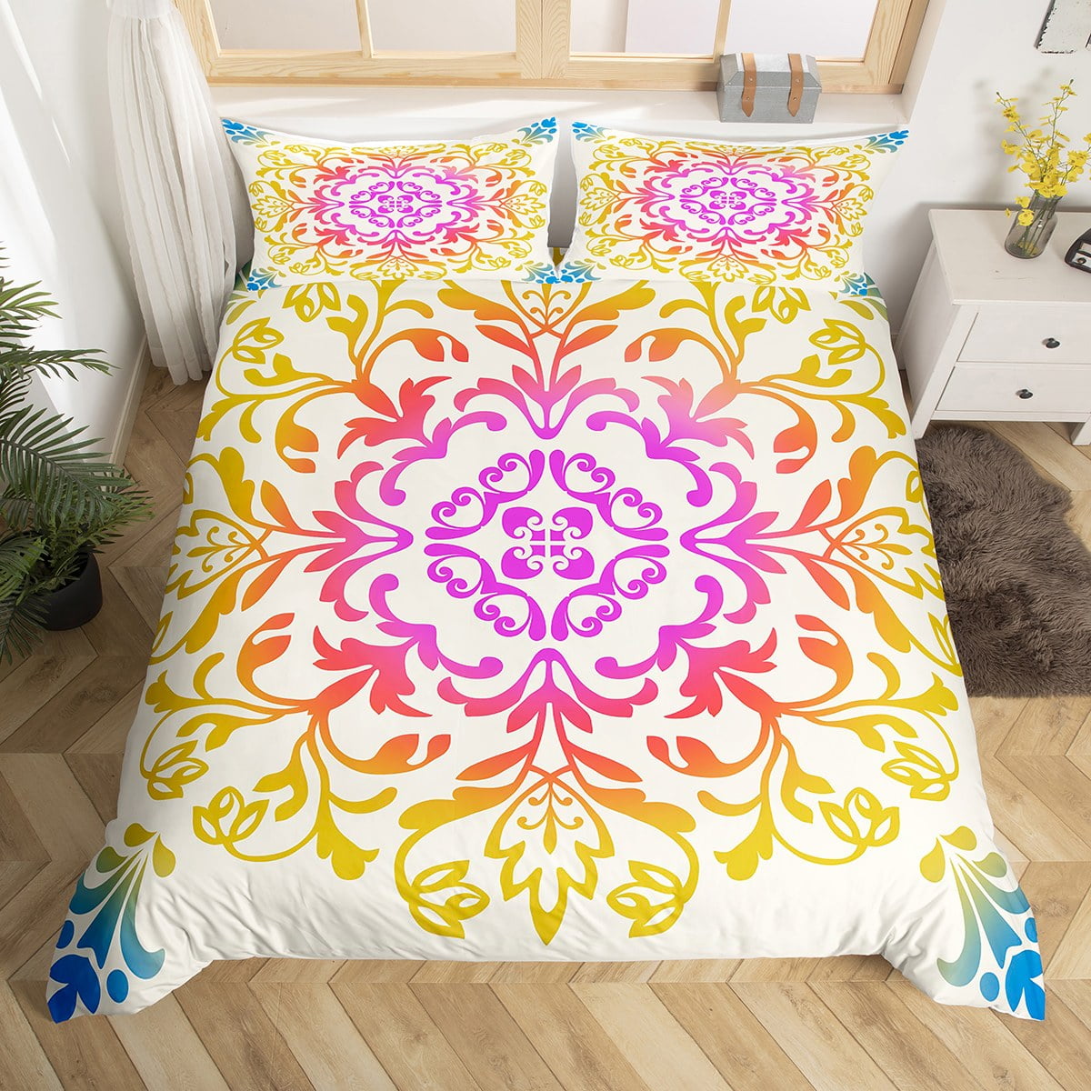 YST Bohemian Floral Duvet Cover Full,Boho Bedding Set Yellow Purple ...