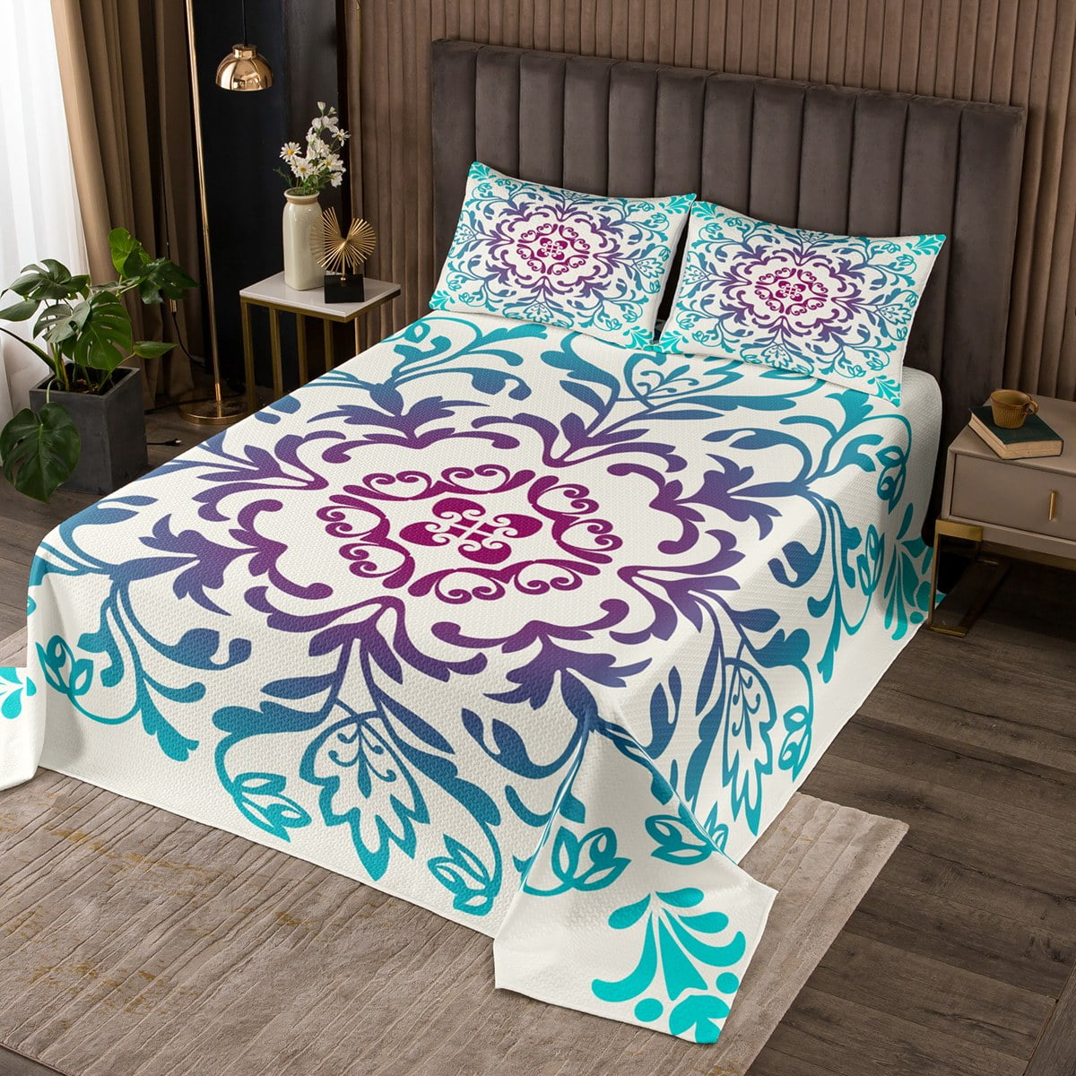 Bohemian Floral Quilt Set,Retro Flower Coverlet Set King,Boho Design ...