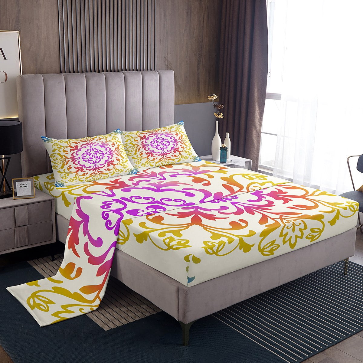 Erosebridal Bohemian Floral Sheets,Boho Bedding Set King Yellow Purple ...