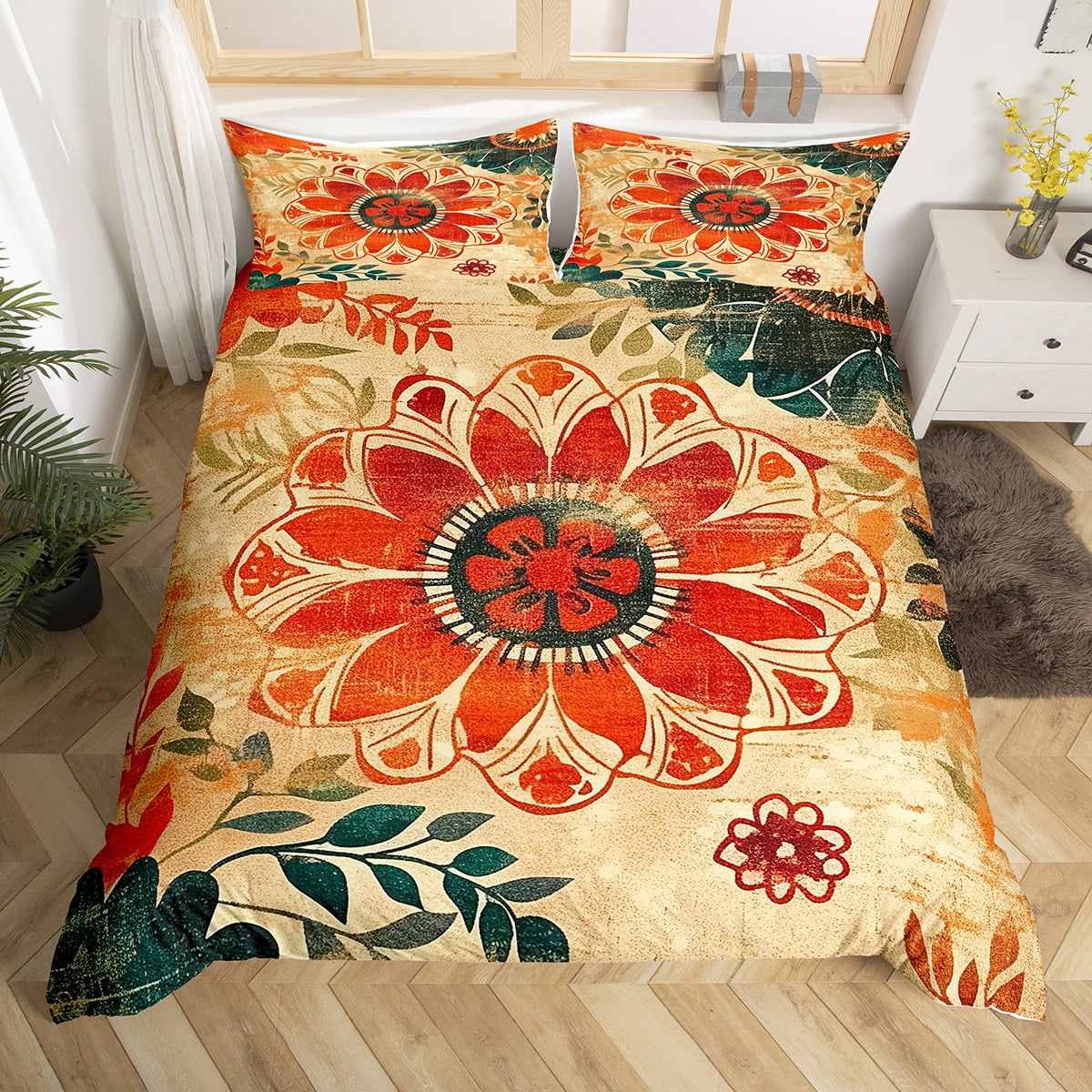 Erosebridal Bohemian Groovy Queen Size Duvet Cover,Vintage Daisy ...