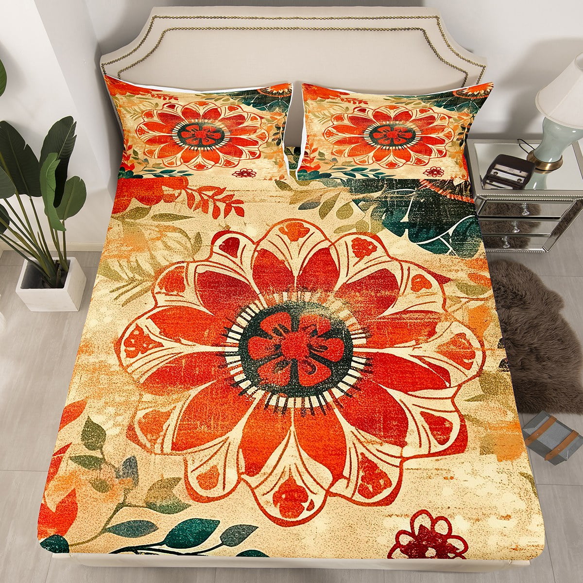 YST Bohemian Groovy Queen Size Fitted Sheet for Girls,Vintage Daisy ...