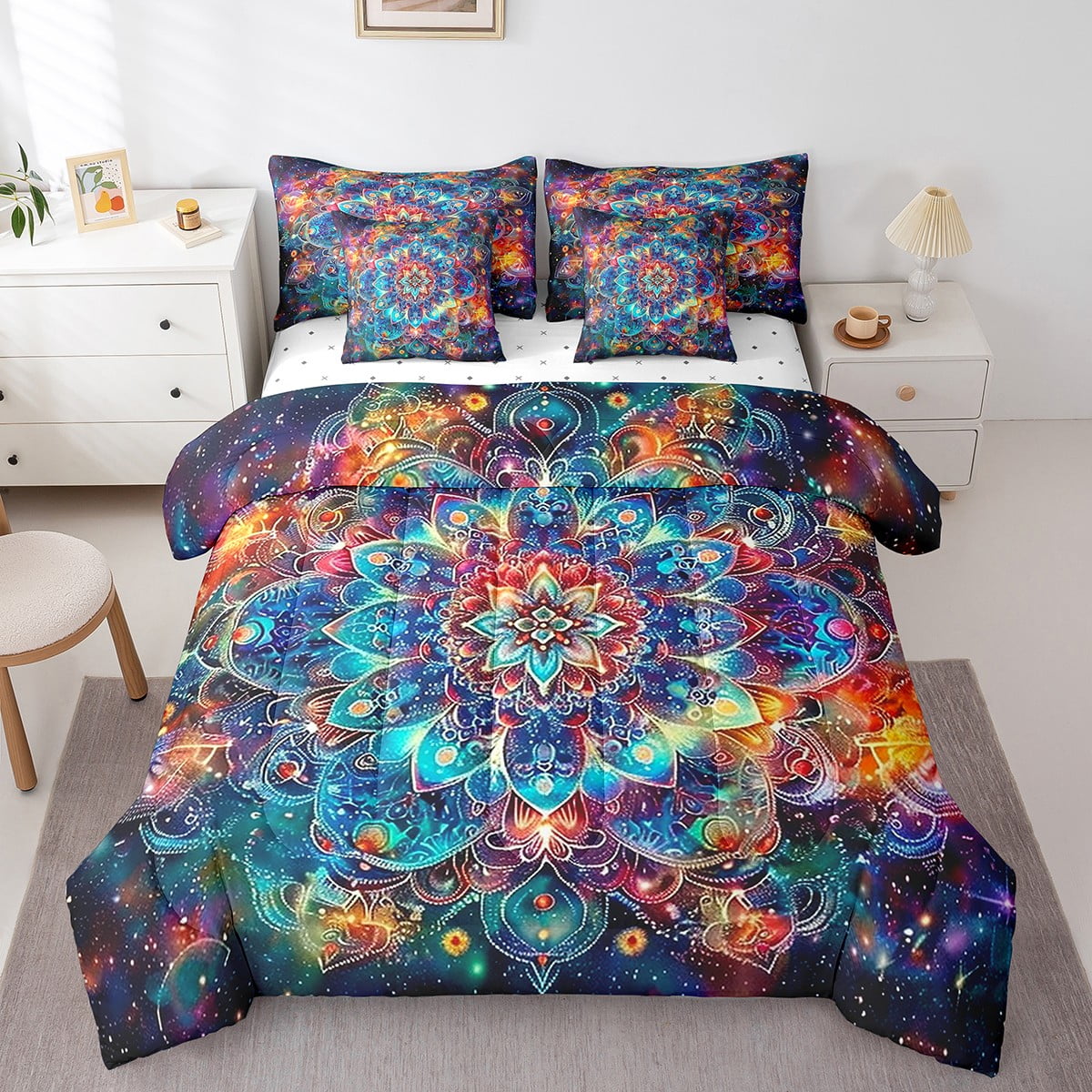 Bohemian Mandala 7 Piece Comforter Set King Size,Hippie Outer Space Stars Bed in a Bag with Flat ...